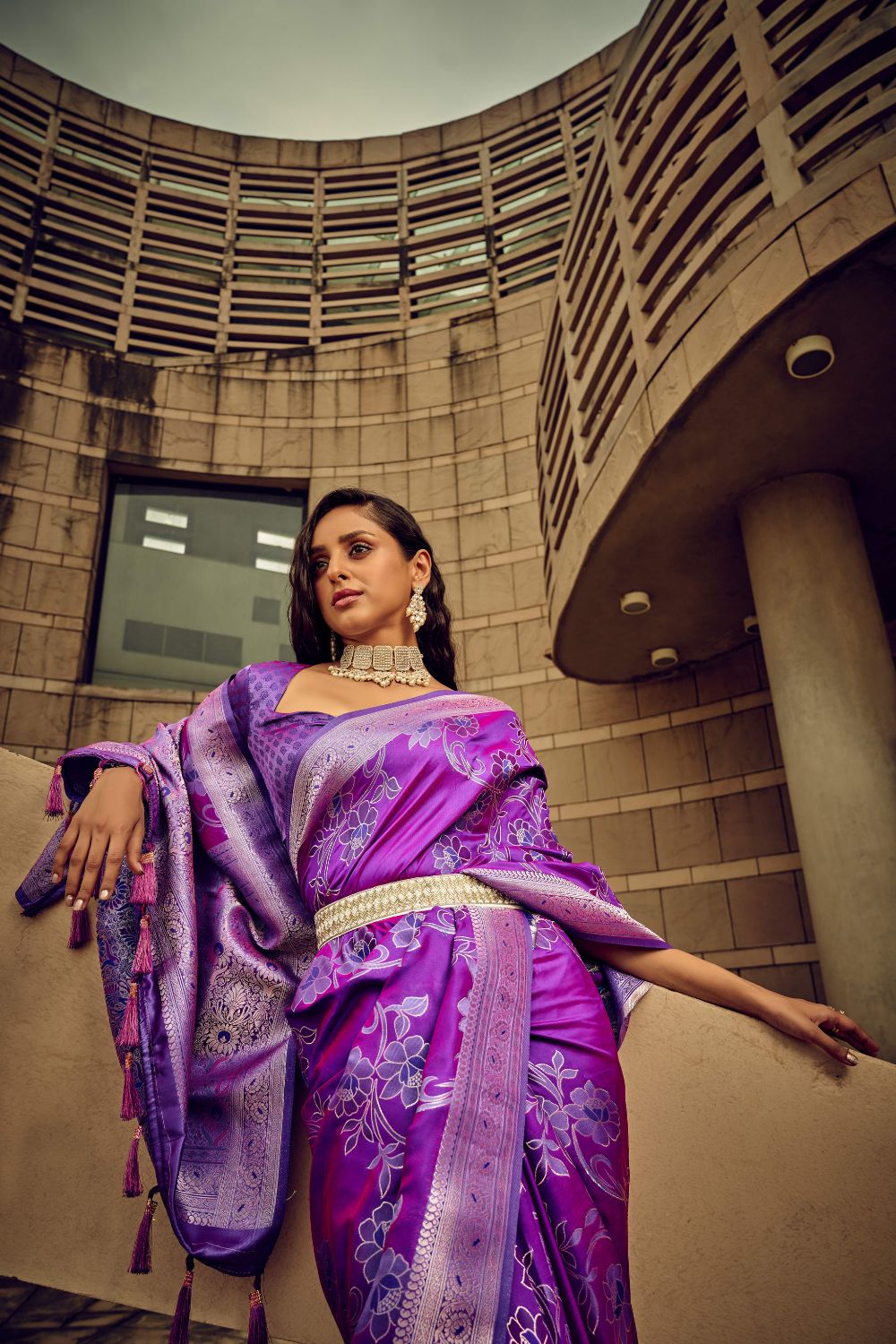 Purple Satin Brasso Handwoven Silk Saree – Kumari Sarees