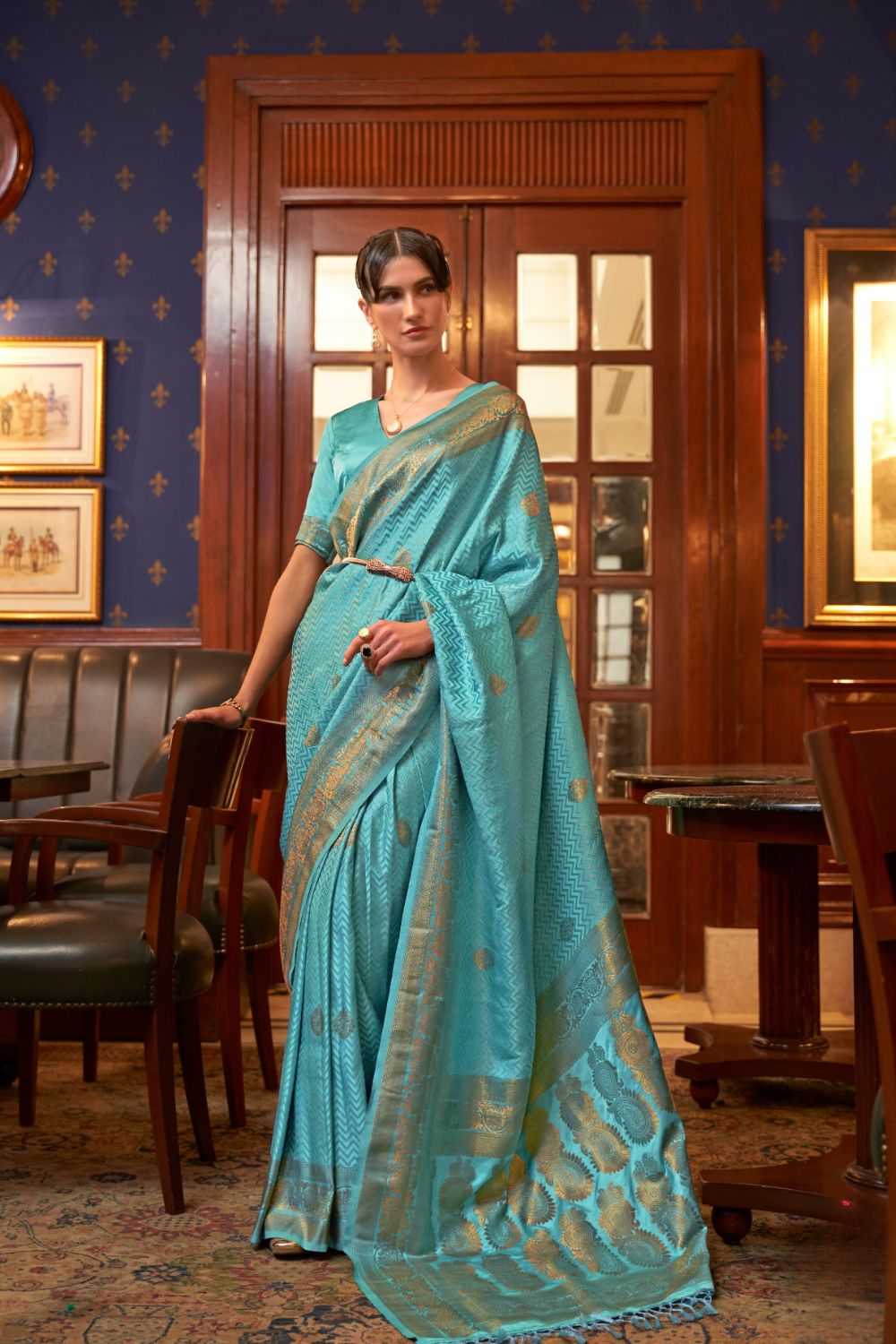 Aqua Blue Pure Satin Weaving Silk Saree – Kumari Sarees