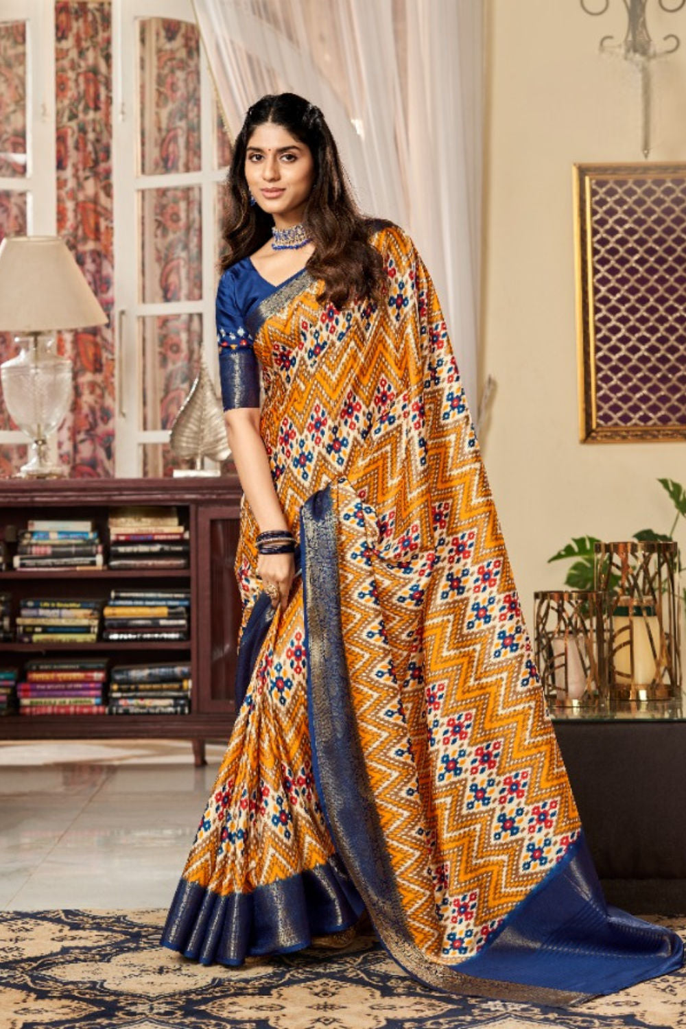 Blue & Mustard Waves Pure Satin Digital Saree – Kumari Sarees