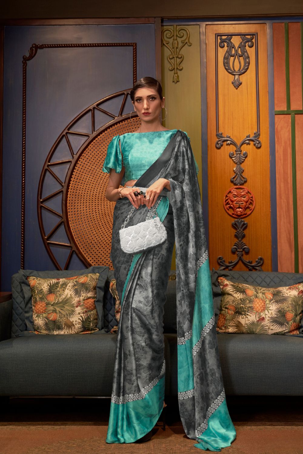 Dark Grey Printed Japan Satin Crepe Saree – Kumari Sarees