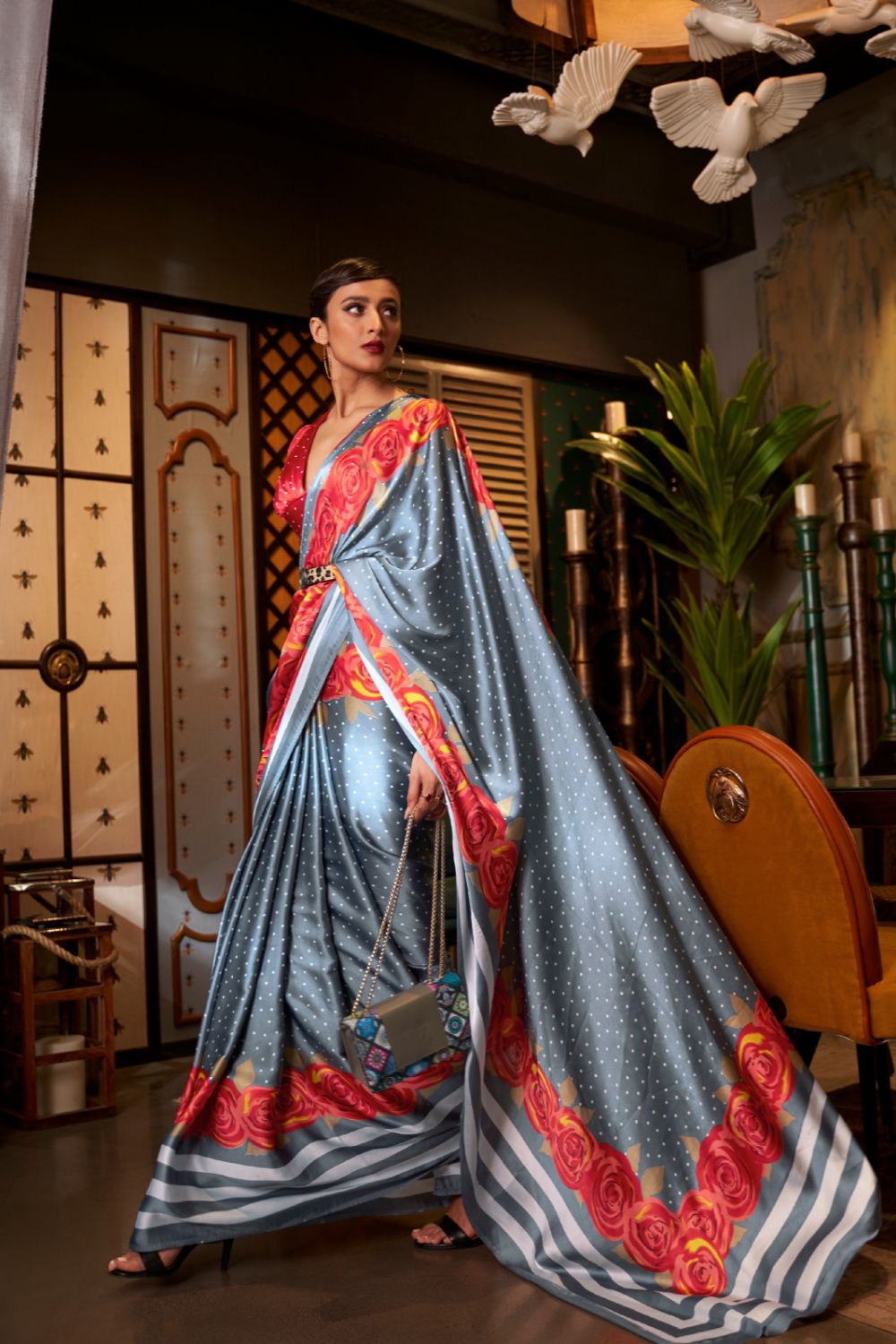 Grey Printed Japan Satin Crepe Saree – Kumari Sarees
