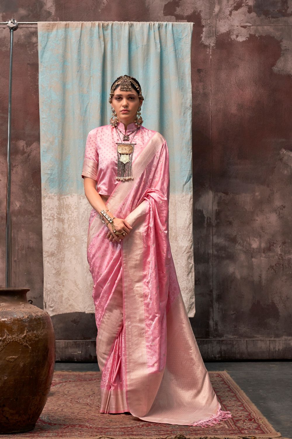 Light Pink Pure Satin Handloom Weaving Silk Saree – Kumari Sarees