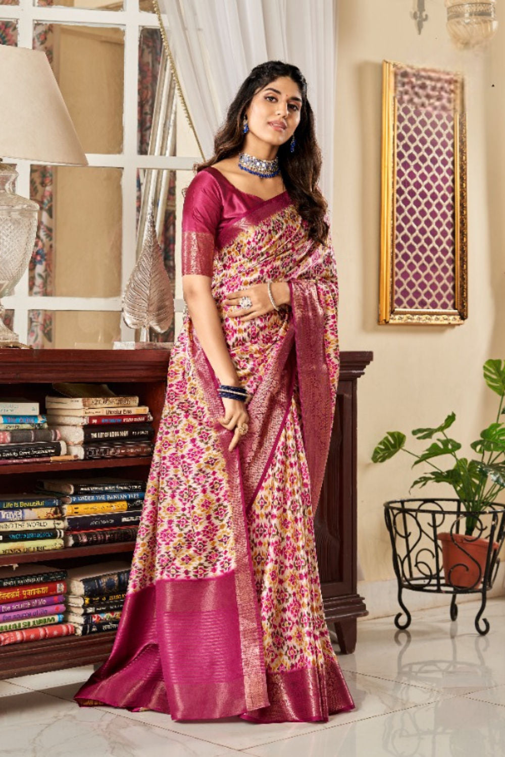 Magenta Pure Satin Digital Saree – Kumari Sarees