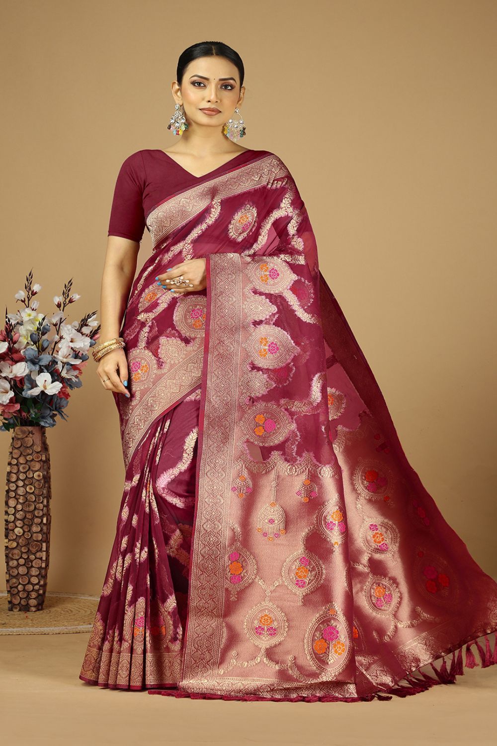 Maroon Soft Organza Silk Saree – Kumari Sarees