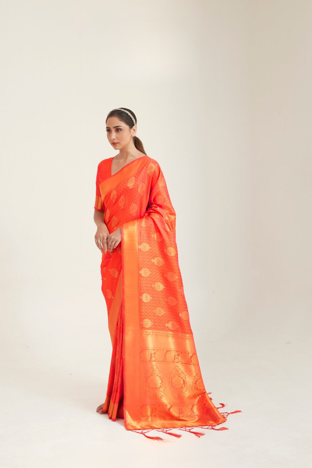 Orange Kanjeevaram Handloom Weaving Silk Saree – Kumari Sarees