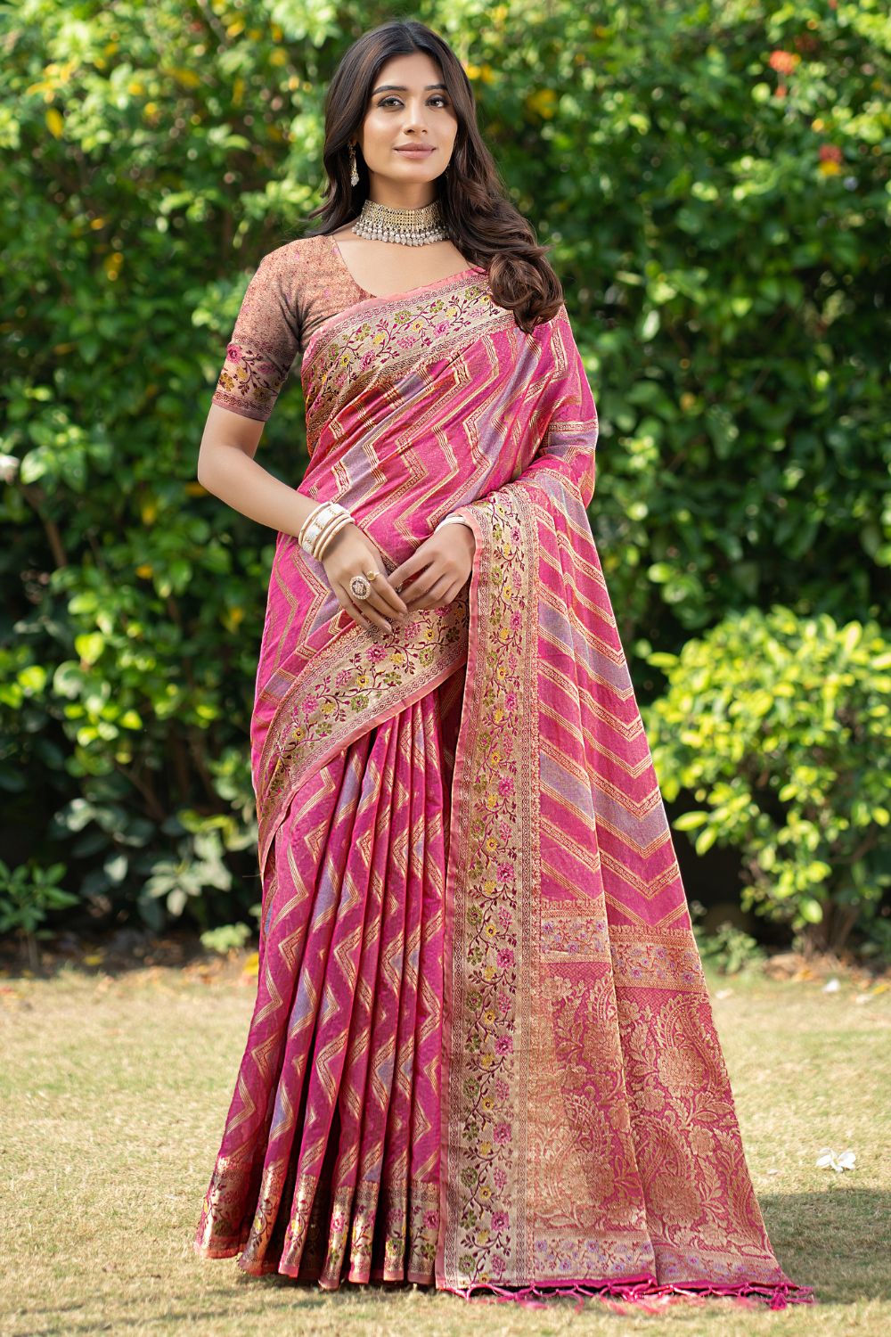 Pink Organza Leheriya Woven Design Saree – Kumari Sarees