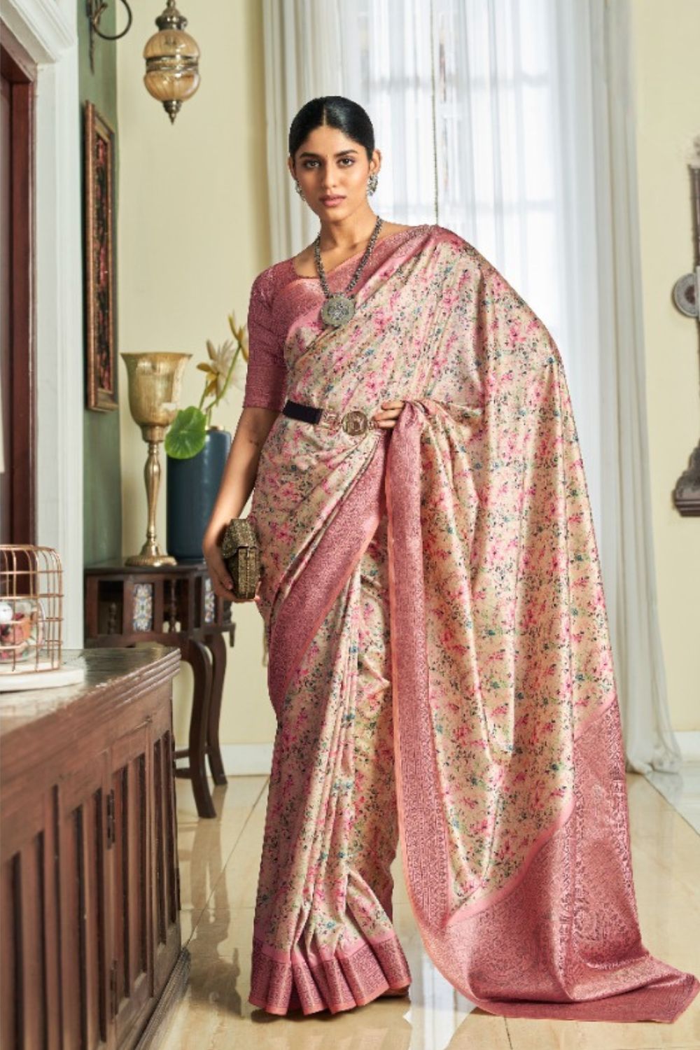 Pink Satin Silk With Zari Weaving Border Saree – Kumari Sarees