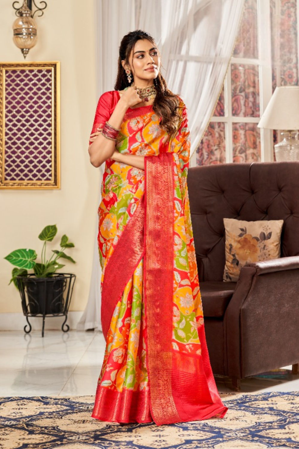 Red Floral Pure Satin Digital Saree – Kumari Sarees