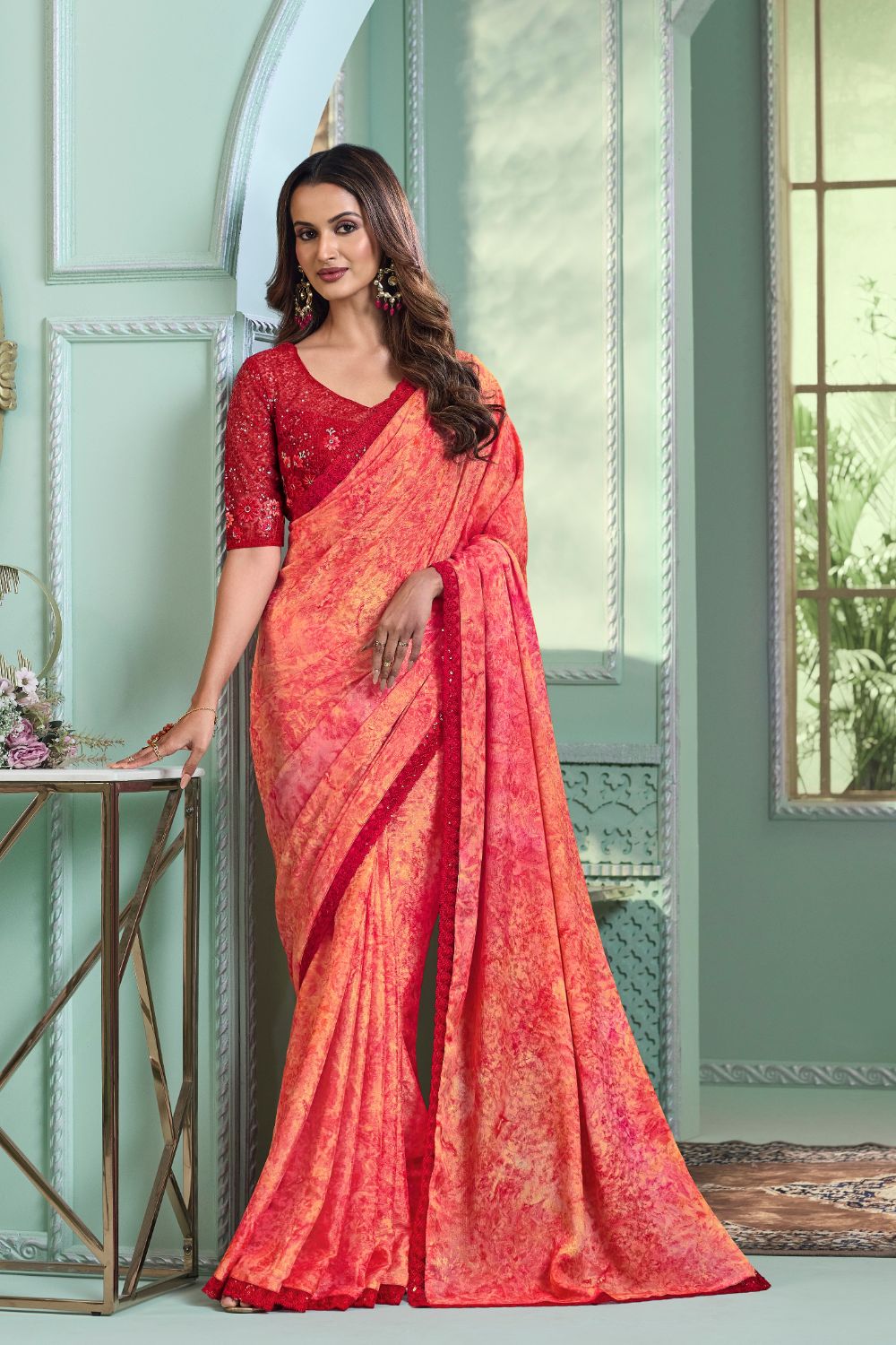 Red Crystal Chiffon Saree – Kumari Sarees