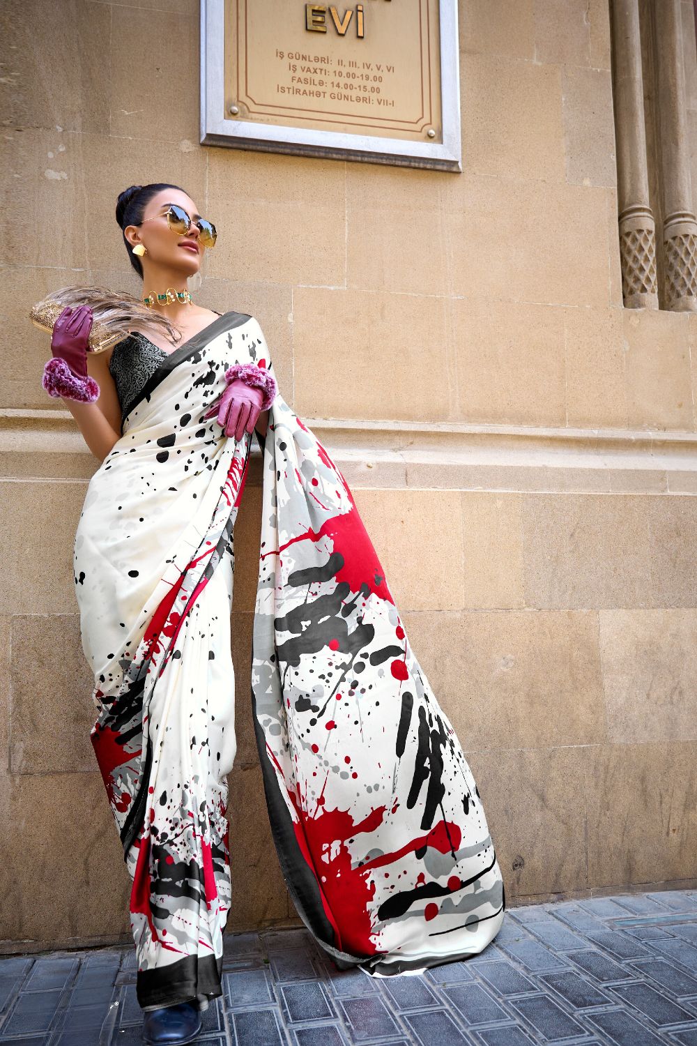 White & Red Print Satin Crepe Saree – Kumari Sarees