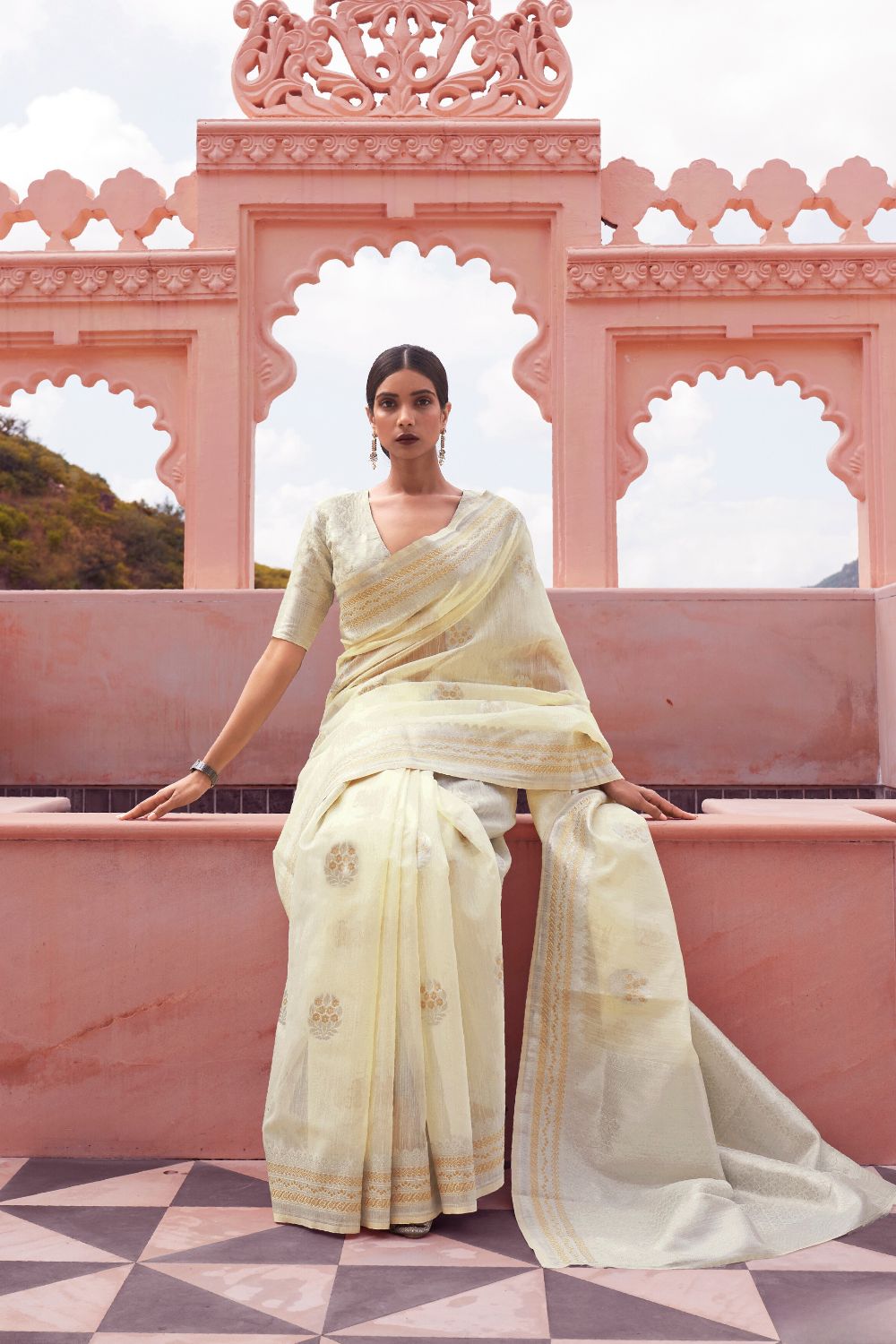 Yellow Pure Linen Weaving Saree – Kumari Sarees